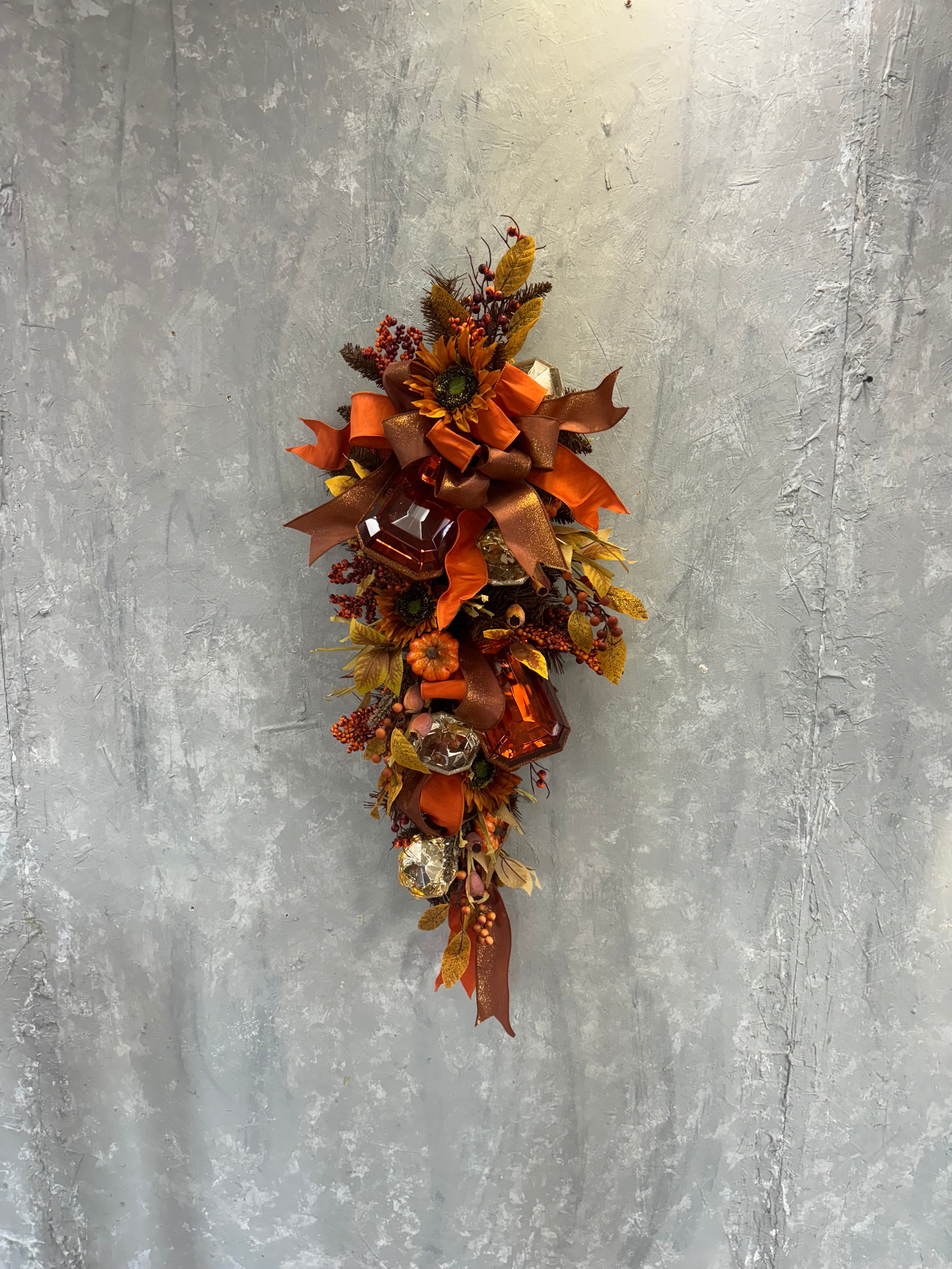DIY Fall Tear Drop Swag Idea Using Pumpkins, Sunflowers, and Jewels ...