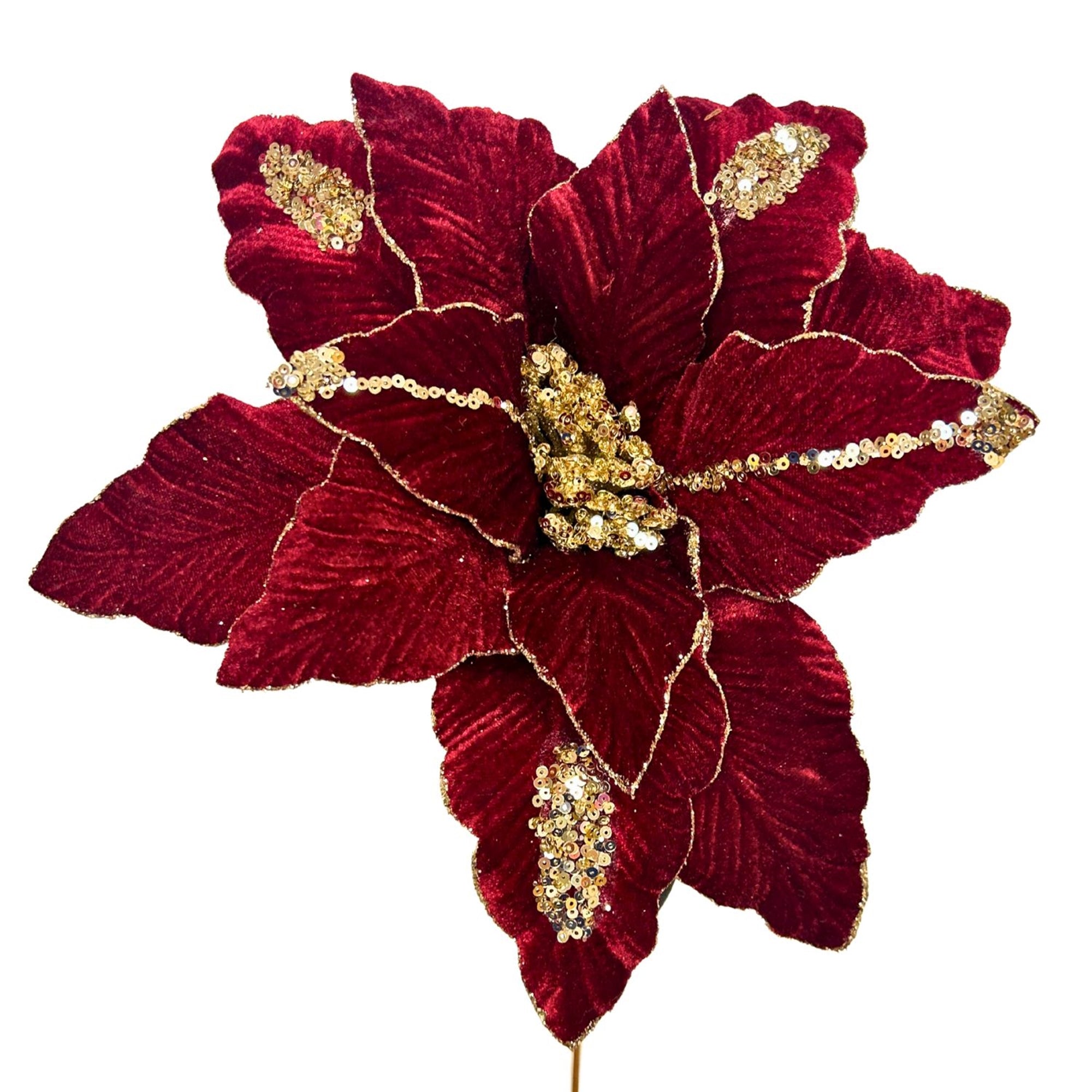 Burgundy Velvet Gold Sequin Poinsettia Stem 23” | KS – David Christopher's